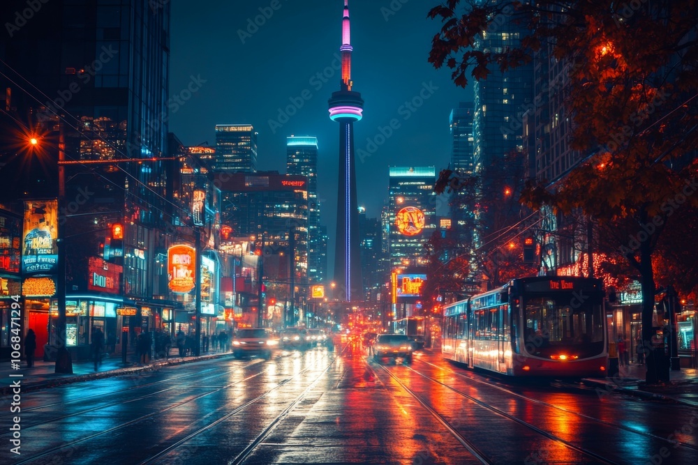 Toronto's Nightlife: A Vibrant View of the CN Tower and City Streets ...