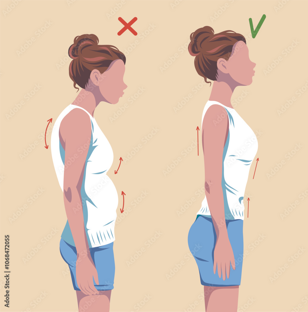 Correct and incorrect standing posture. Cervical spine curvature. Hunch ...