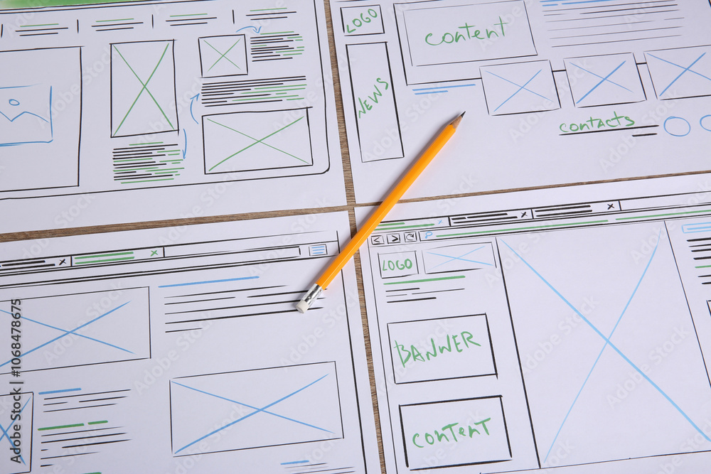 Developing UI design. Sketches of website wireframes and pencil on ...