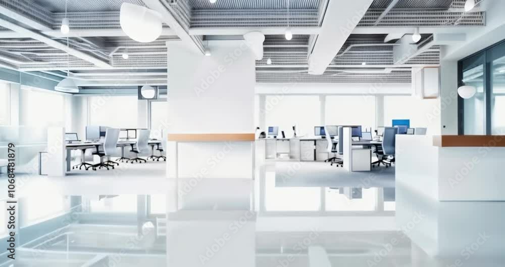 Modern Bright Office Interior with Workstations and Empty Desks. Clean ...