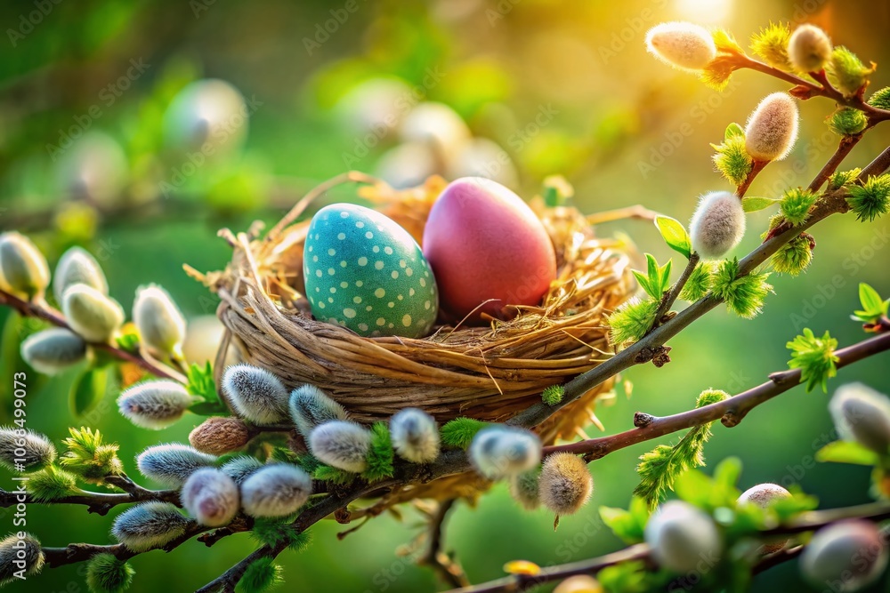 Macro Photography of Delicate Eggs Nestled on a Willow Branch with Soft ...