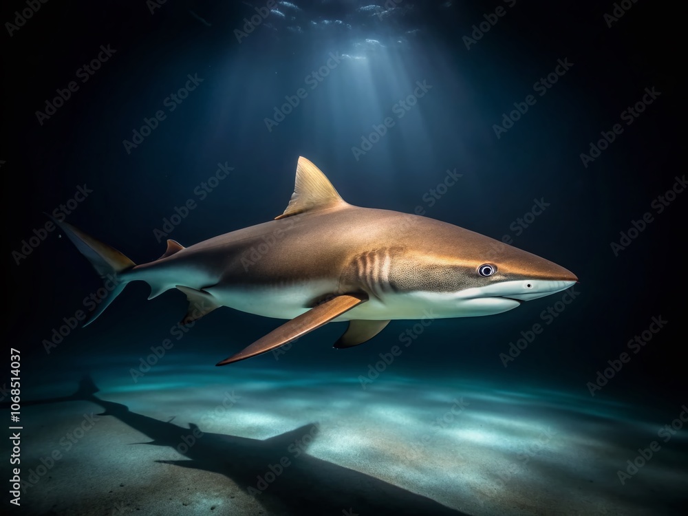 Night Dive Minimalism: A Lemon Shark Gliding Through Dark Waters ...