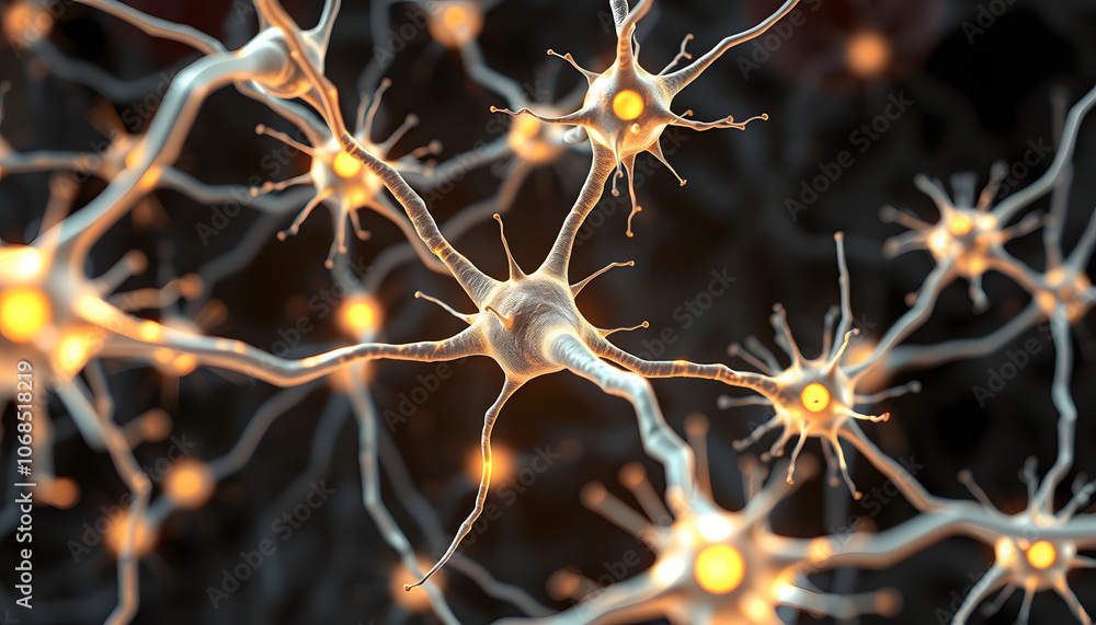 Neuronal network with electrical activity of neuron cells 3D rendering ...