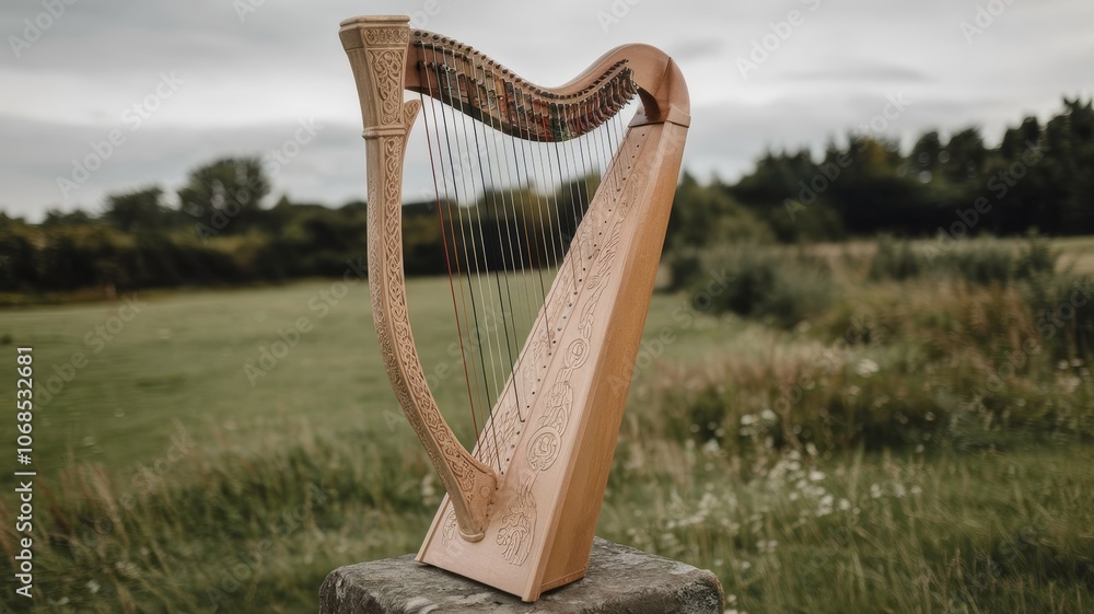 Irish harp on stone base amidst wildflowers with overcast sky, vintage ...