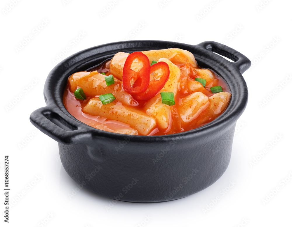 Tteokbokki rice cakes with chilli sauce and onion isolated on white ...