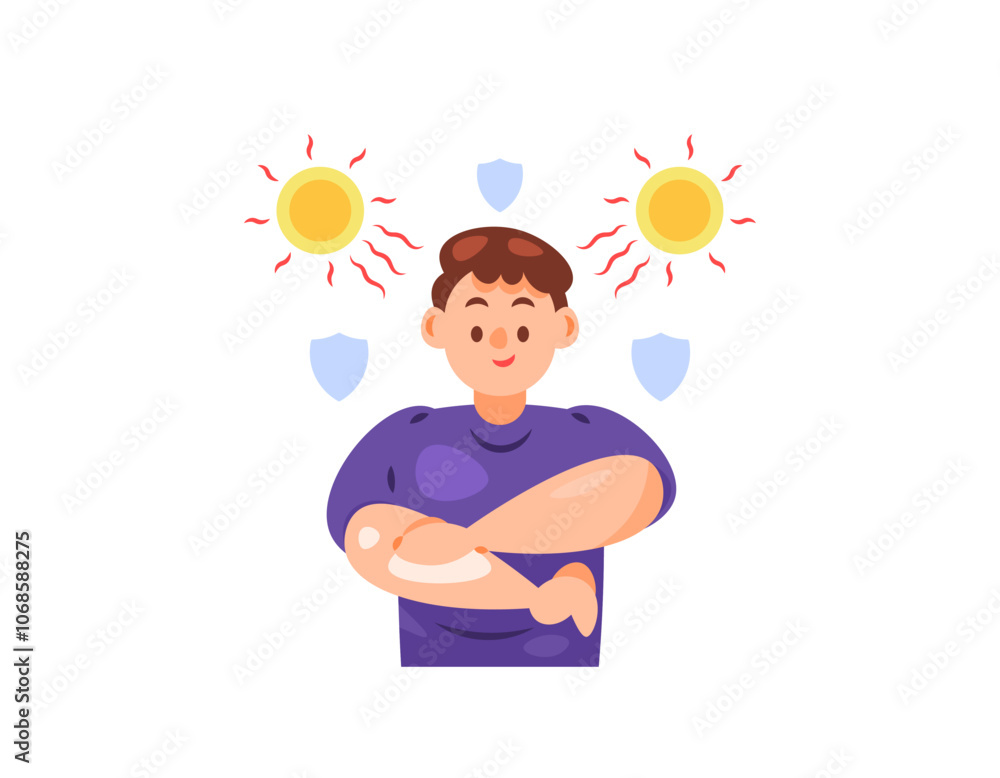 illustration of a man applying sunblock on his hand. applying sunscreen ...