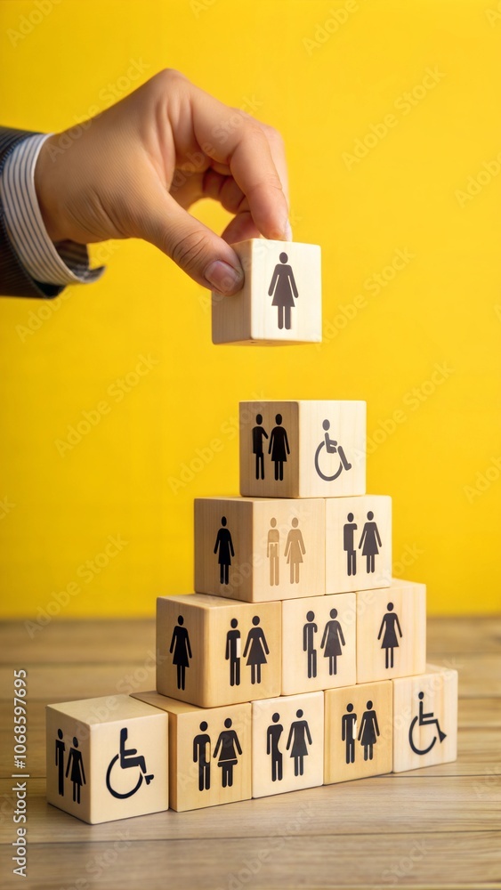 Inclusive workplace culture. Pyramid of wooden cubes with human icons ...