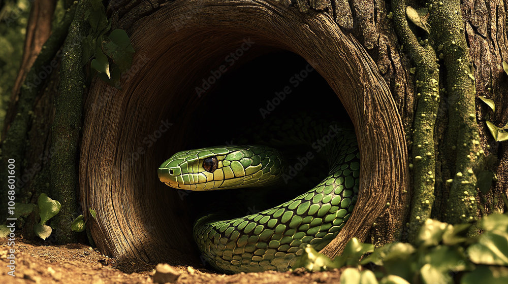 Vivid Green Snake Emerging from Wooden Burrow, Symbol of Renewal and ...