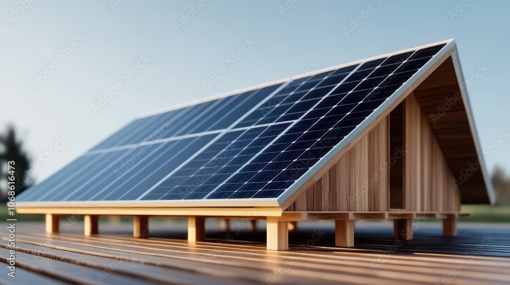 Solar energy panels installed on a wooden building structure with a ...