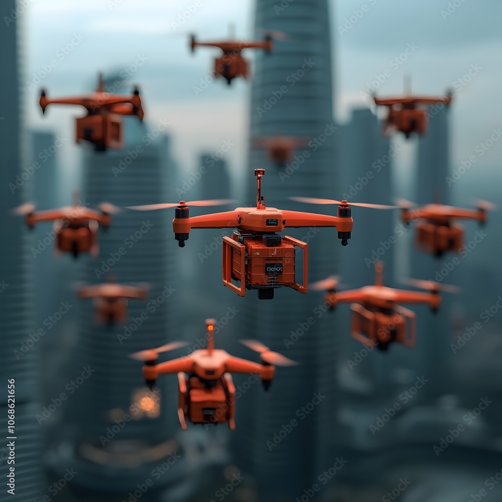 Cargo drones swarming over a towering arcology with adaptive modular ...