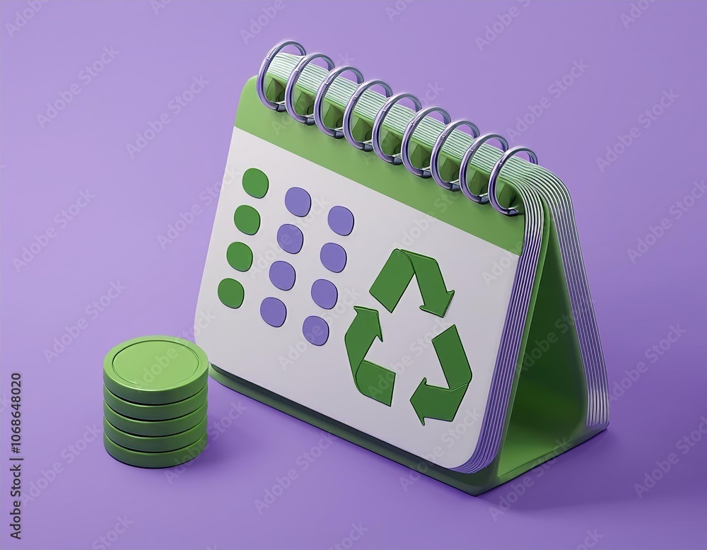3D green recycling symbol on a calendar with a stack of coins Stock ...