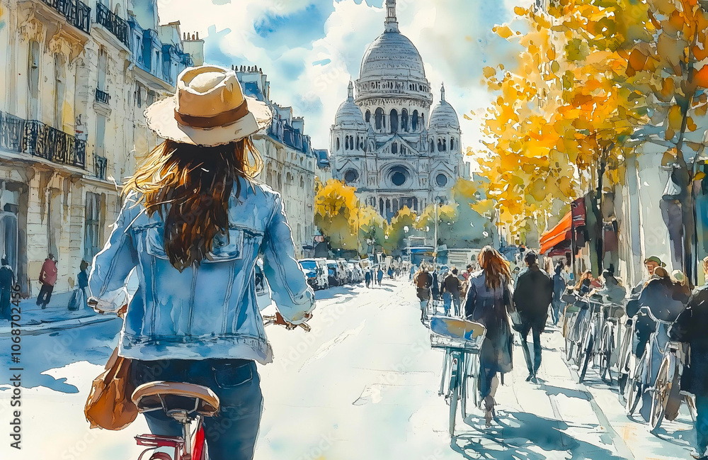 Jeune fille à vélo avec un chapeau dans les rues de Paris Stock ...