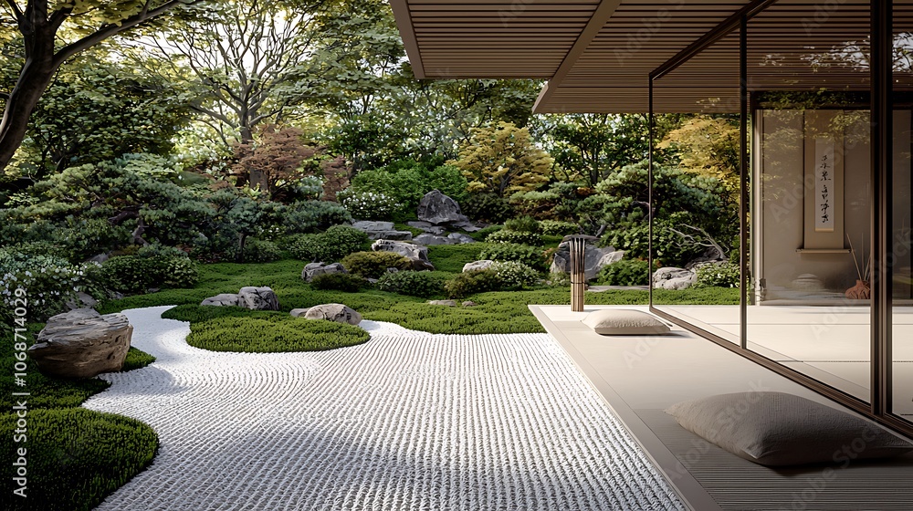 Modern Japanese Garden Design with White Gravel Path and Green Plants ...