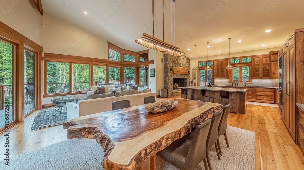 Bright, open dining area with a live-edge solid wood table as the focal ...