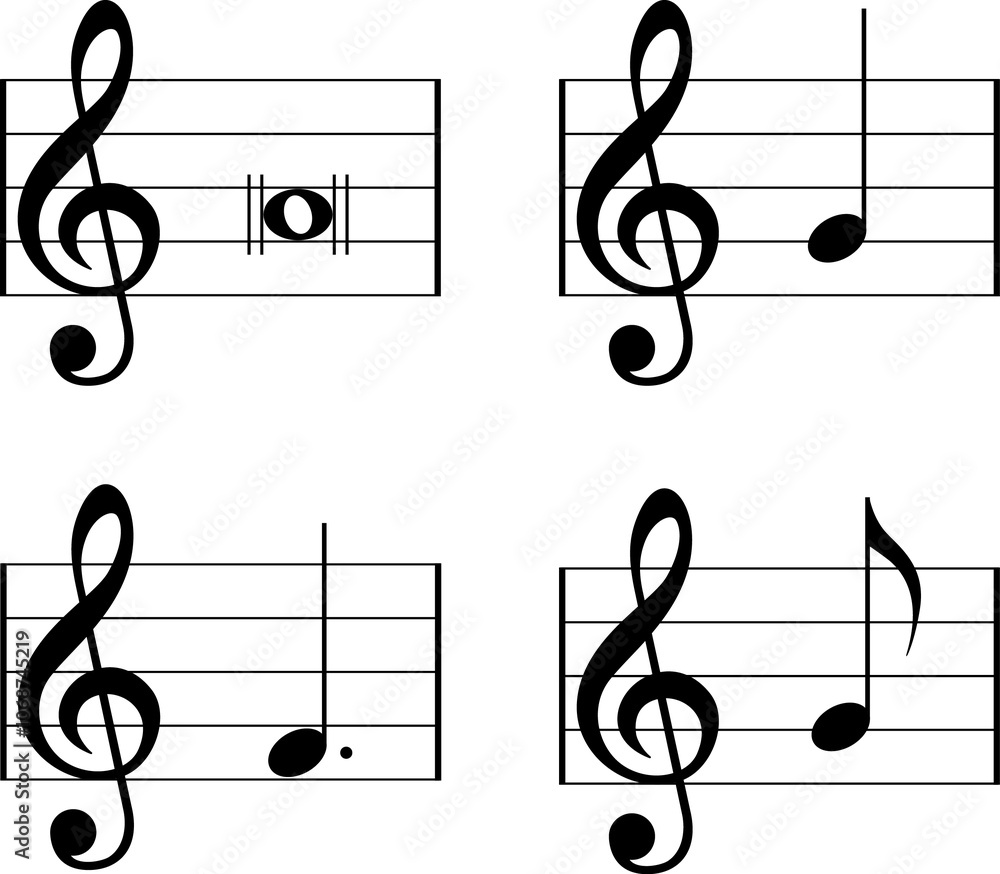 Music Note Icon Art. Notes, treble clef, bass clef, solfeggio, pauses ...