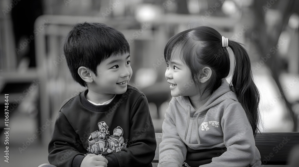Two Identical Twins, a Boy and a Girl, Sitting on a Bench and Looking ...