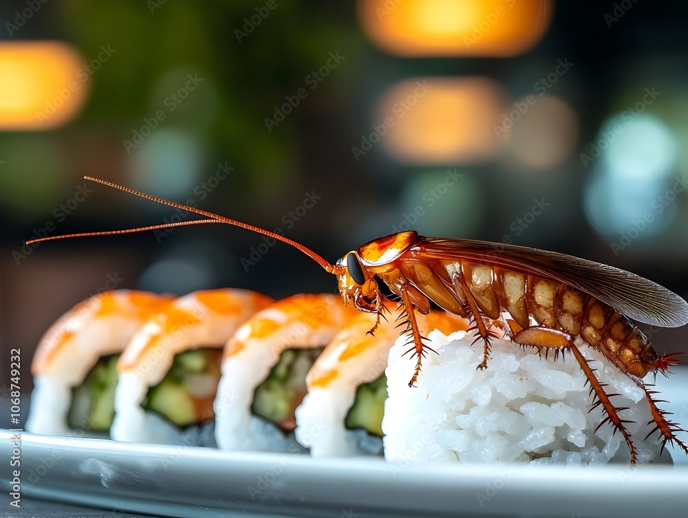 Cockroach Crawling Across Freshly Prepared Sushi Plate with Vibrant ...
