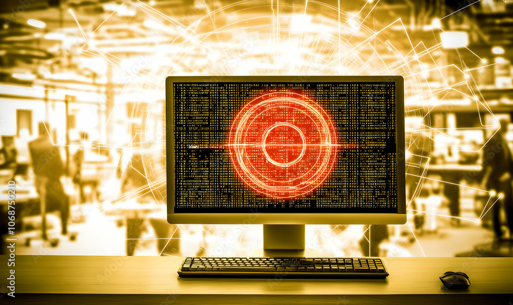 Computer monitor with a red circle target on the screen in a blurry ...