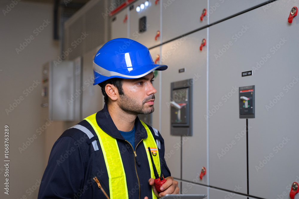 Engineer is working on the basement of high rise building. Stock Photo ...