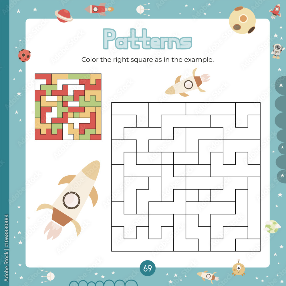 Universe Activity page for kids – continue pattern, color as in example ...