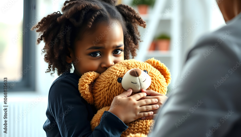 Upset african american girl with autism hugging teddy bear during ...