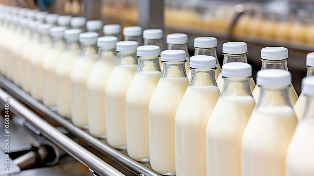 Milk bottles on conveyor belt in dairy production facility. Dairy ...