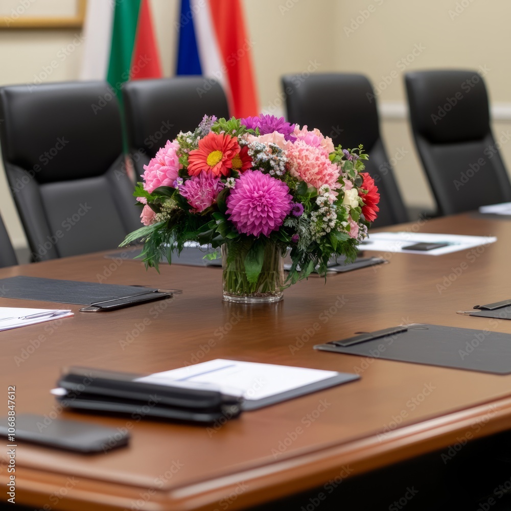 A large wooden conference table with black leather chairs and a vase of ...