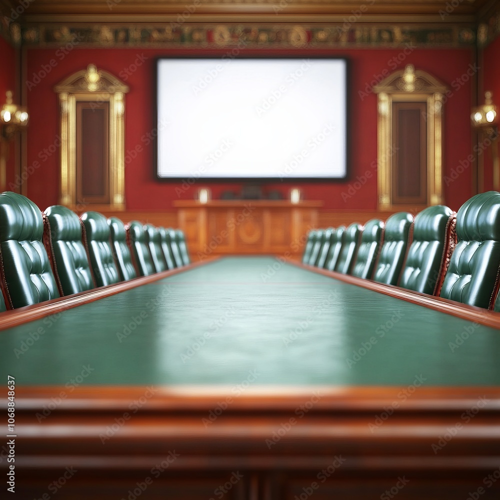 Long conference table in a traditional boardroom with green leather ...