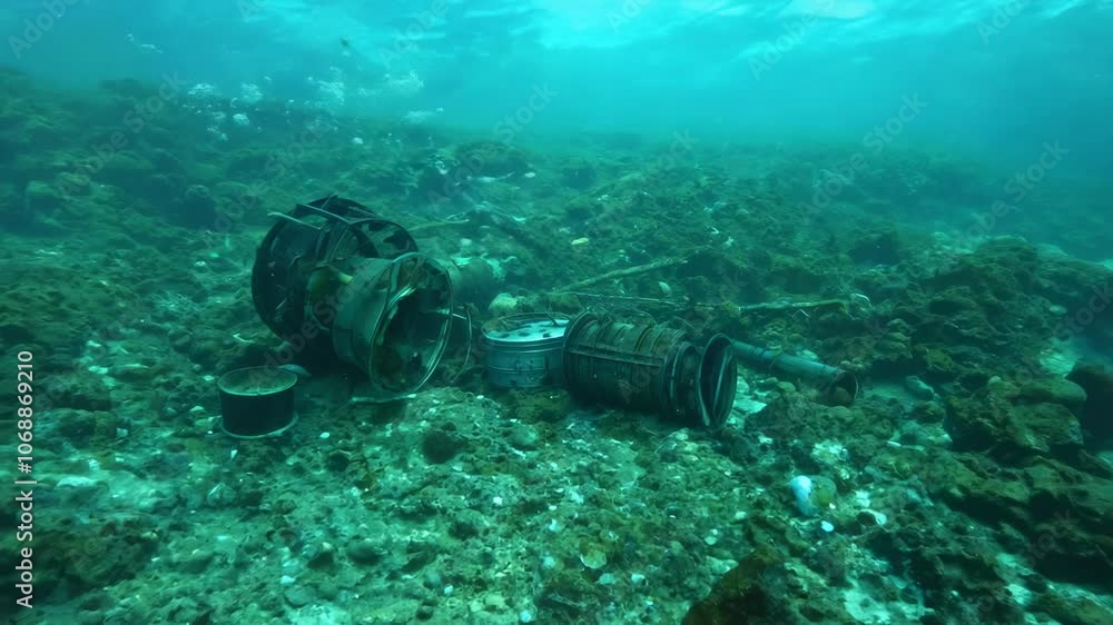Rusty metal debris on the ocean floor. Pollution of the world's oceans ...