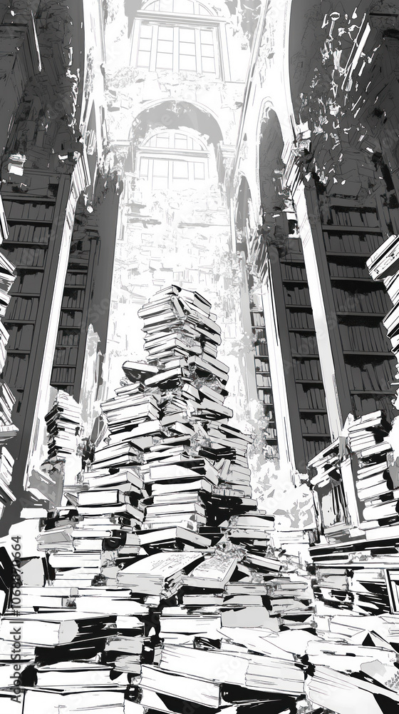Vertical background with a tower of books inside the library with tall ...