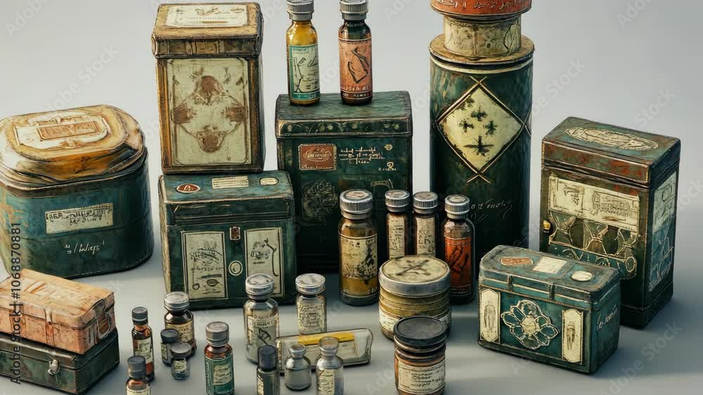 A collection of antique apothecary bottles and jars, each with unique ...