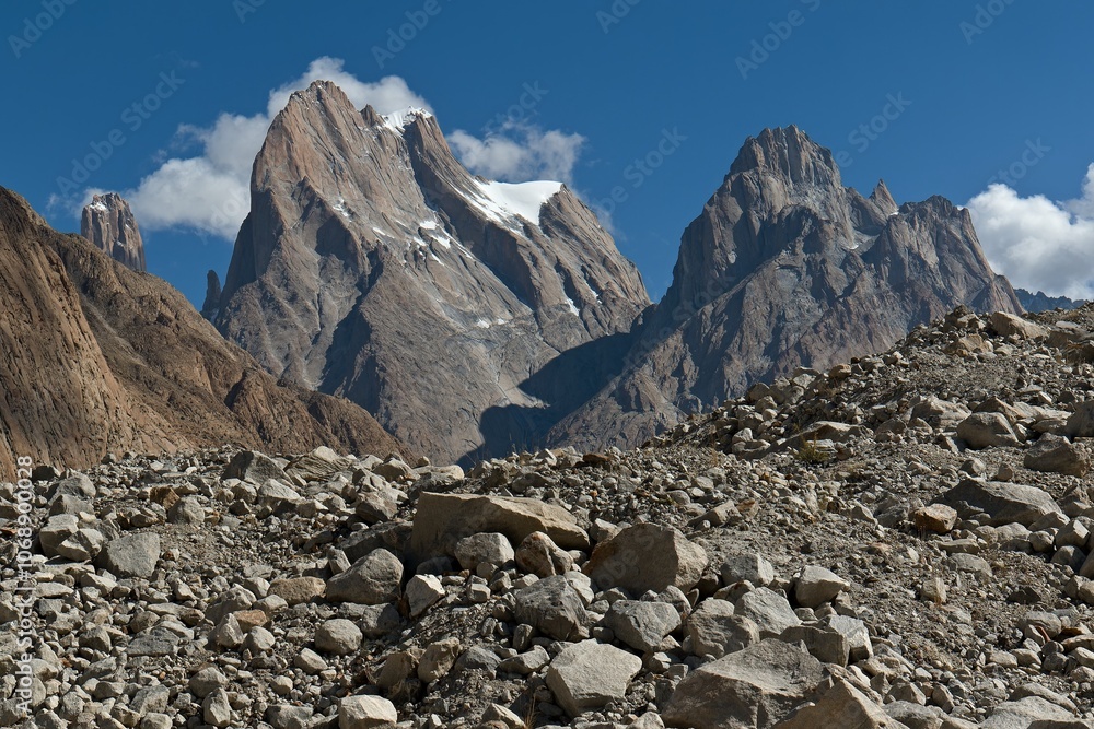 View from Baltoro Glacier to Uli Biaho Tower and Trango Towers ...