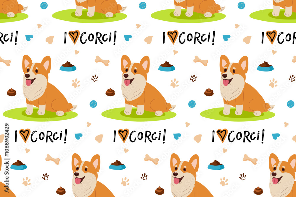Seamless Corgi Pattern. I Love Corgi text, Cheerful cute corgi dog ...