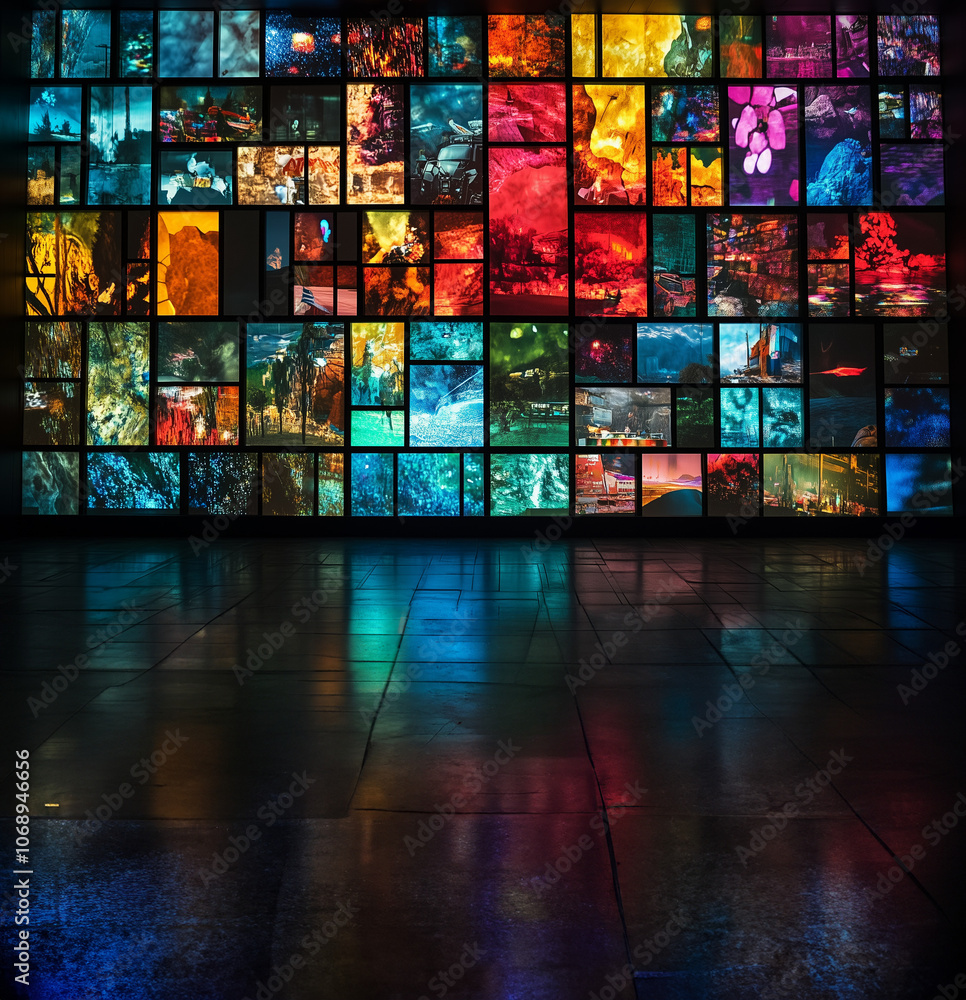 A huge wall of video screens creates a colorful mosaic pattern ...