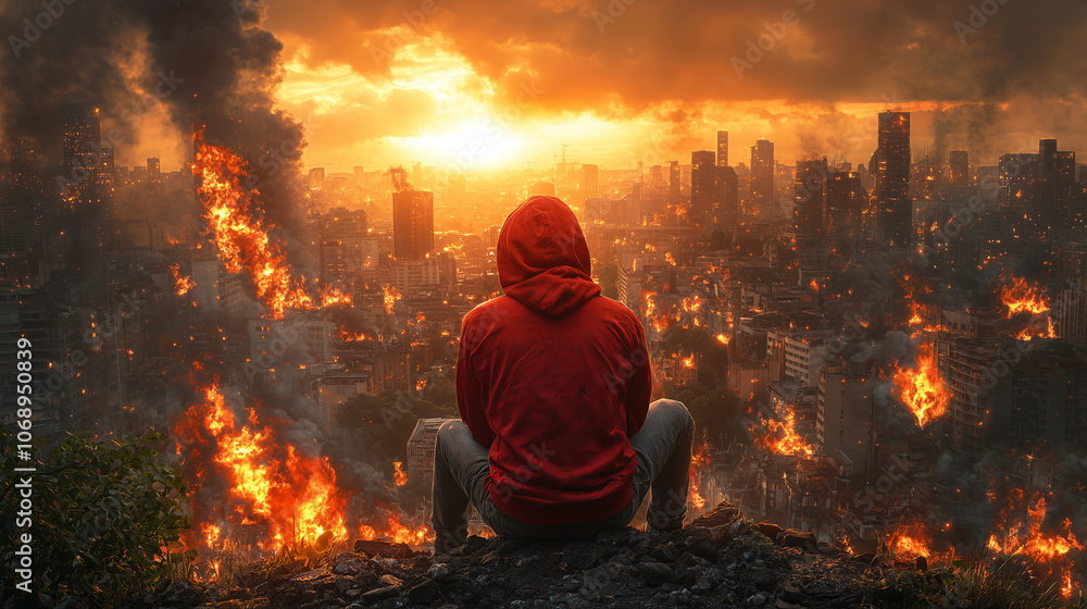 Man in hoodie gazing over a dystopian, apocalyptic urban landscape ...