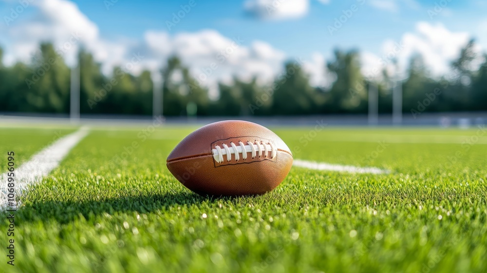 American Football on Grass Field with Yard Lines Game Day Sport ...