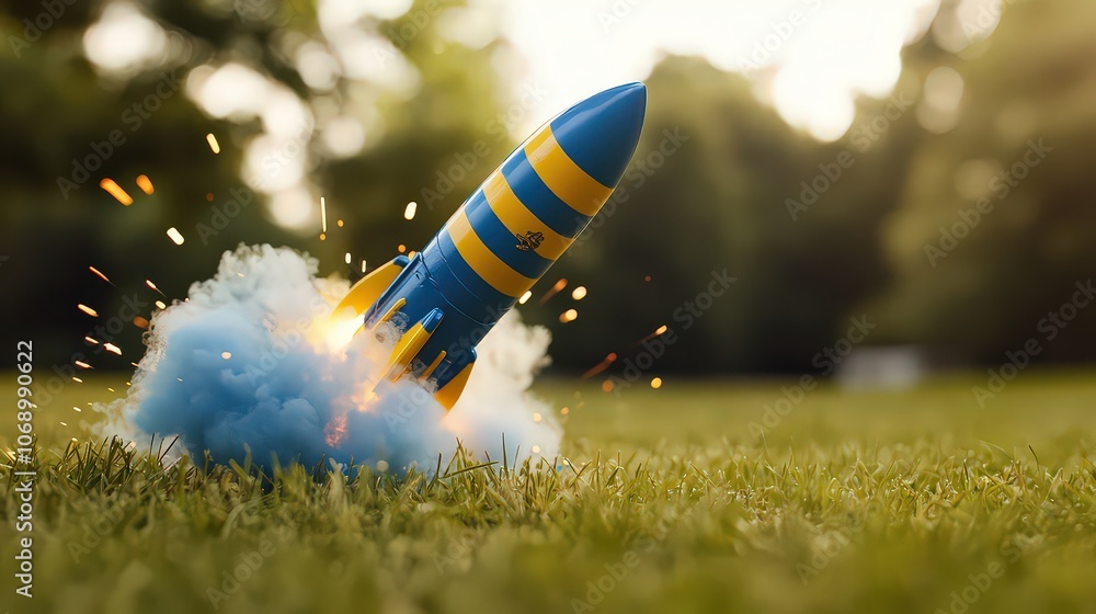Model rocket launches from grassy field with blue and yellow stripes ...