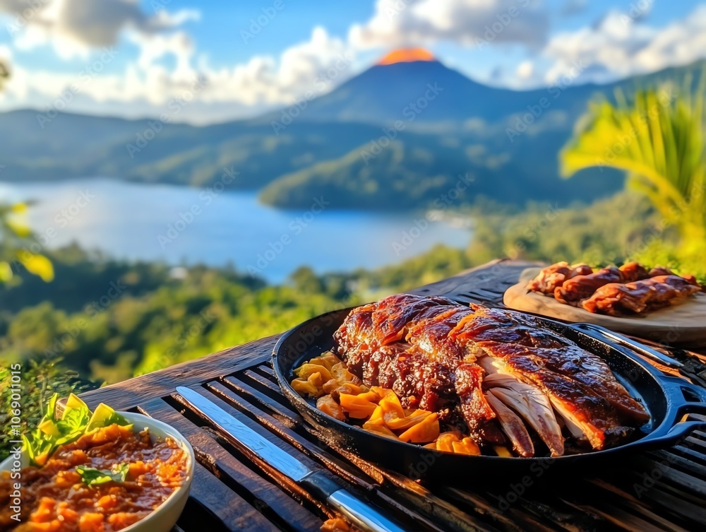 Traditional Filipino lechon with crispy skin, Taal Volcano view ...