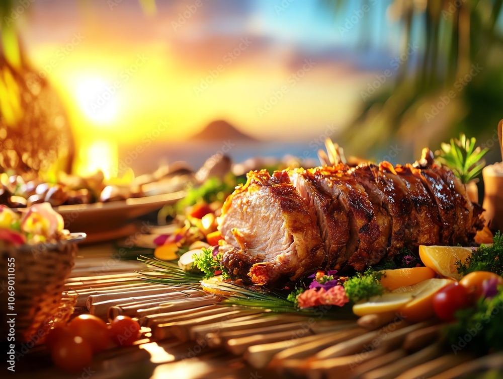 Traditional Filipino lechon with crispy skin, Taal Volcano view ...
