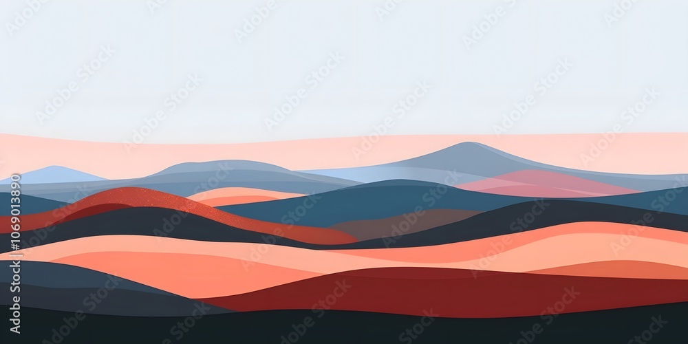 Abstract landscape featuring layered hills in soft colors and gentle ...