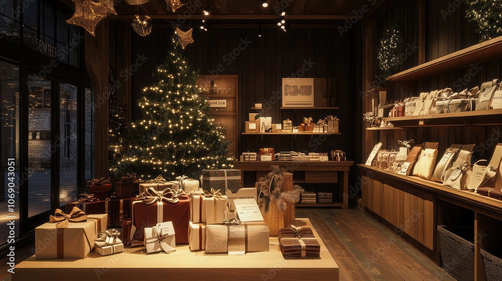 Holiday product launch display with branded gift tags and festive setup ...