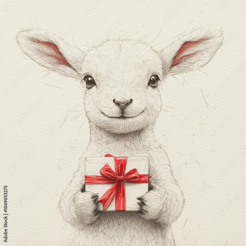 Adorable little lamb holding a small gift box tied with a red ribbon ...