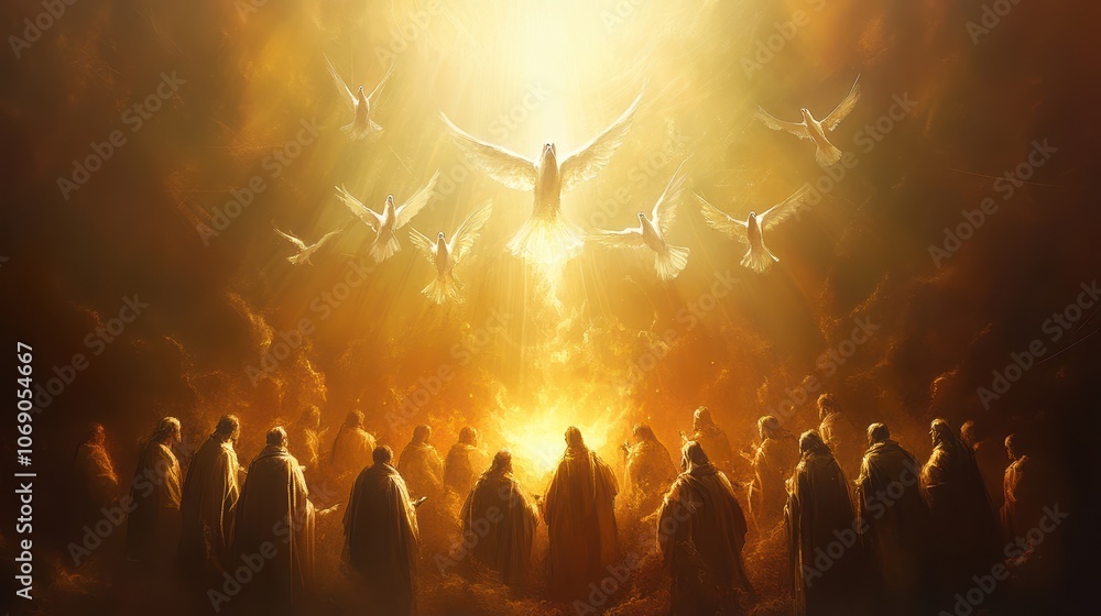 Apostles receiving the Holy Spirit at Pentecost: light rays shining ...