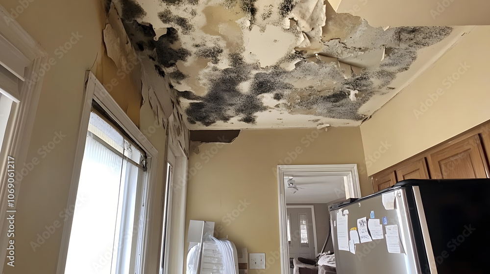 Close-Up of a Moldy Ceiling in an Old Apartment, Showing Water Stains ...
