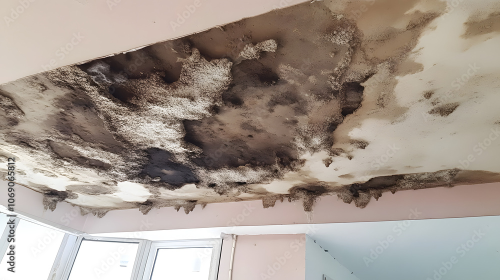 Close-Up of a Moldy Ceiling in an Old Apartment, Showing Water Stains ...