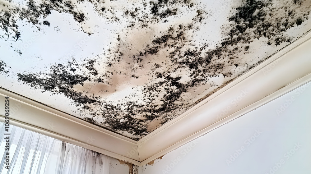 Close-Up of a Moldy Ceiling in an Old Apartment, Showing Water Stains ...