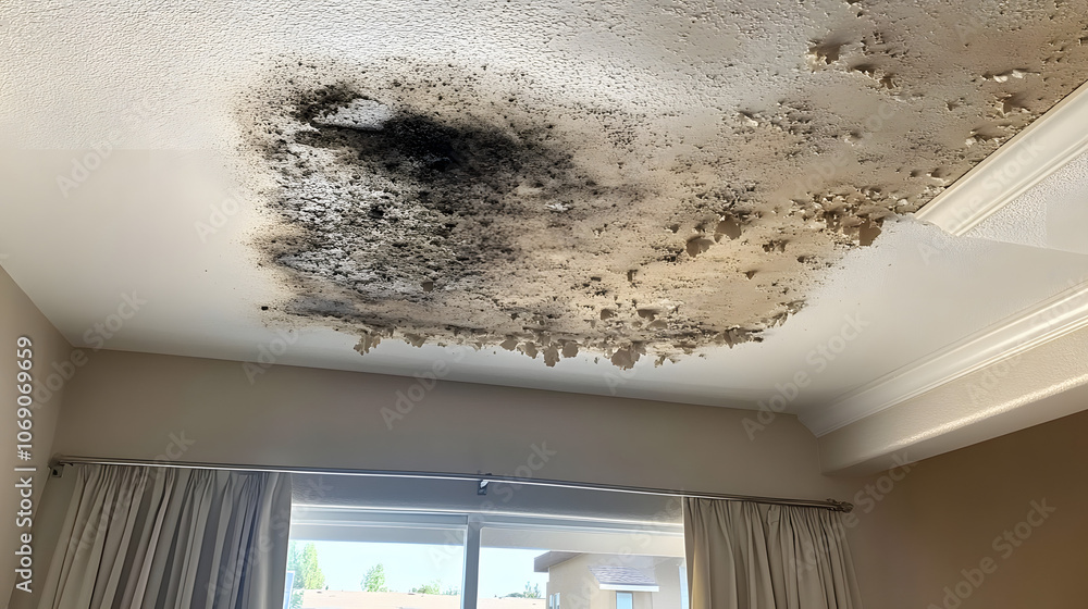Close-Up of a Moldy Ceiling in an Old Apartment, Showing Water Stains ...