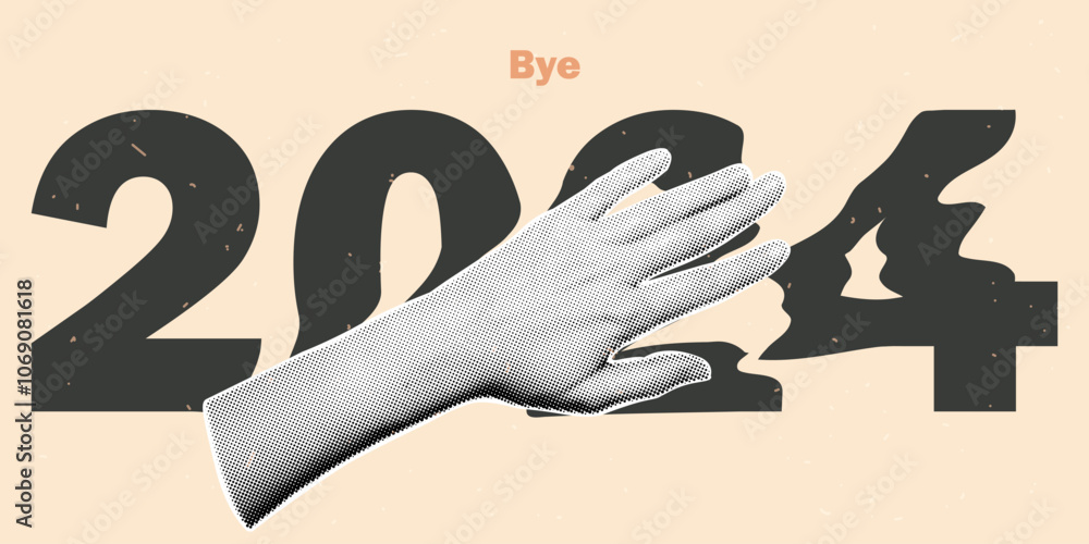 Hand erases the passing year. Halftone hand, erased numbers 2024. Last ...