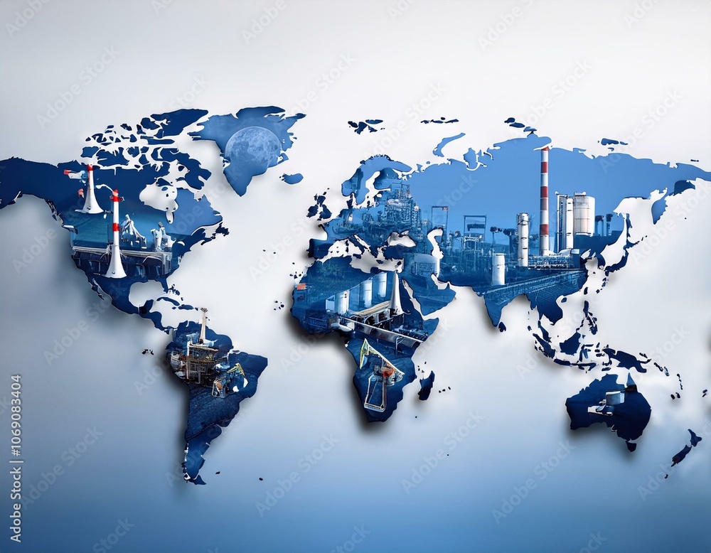 Blank world map with industrial and energy sector elements like power ...