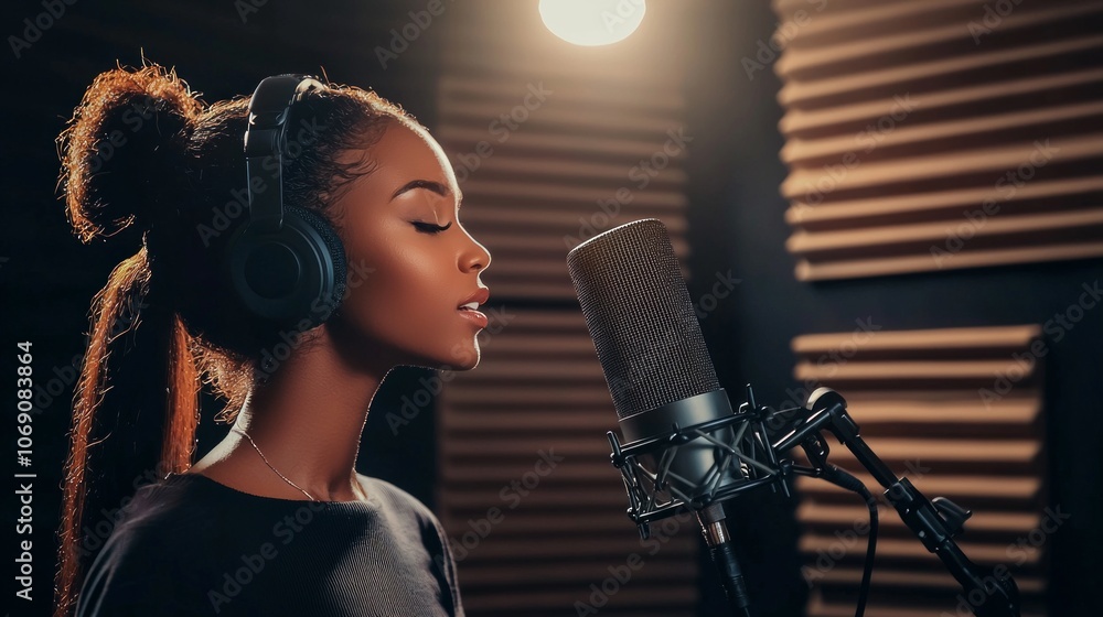 talented female singer sound booth wearing headphones and focusing ...